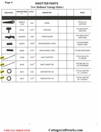 NH Vintage Square Baler Knotter Parts